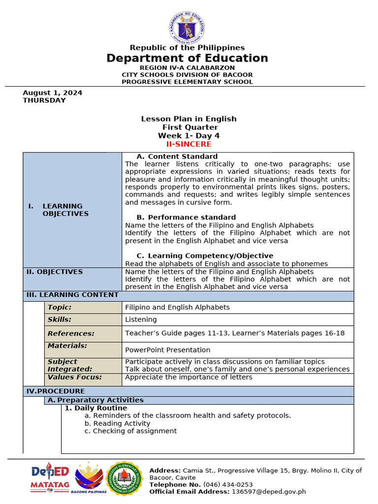 ENGLISH Quarter 1 Week 1 Day 4 | PDF | Learning | English Language