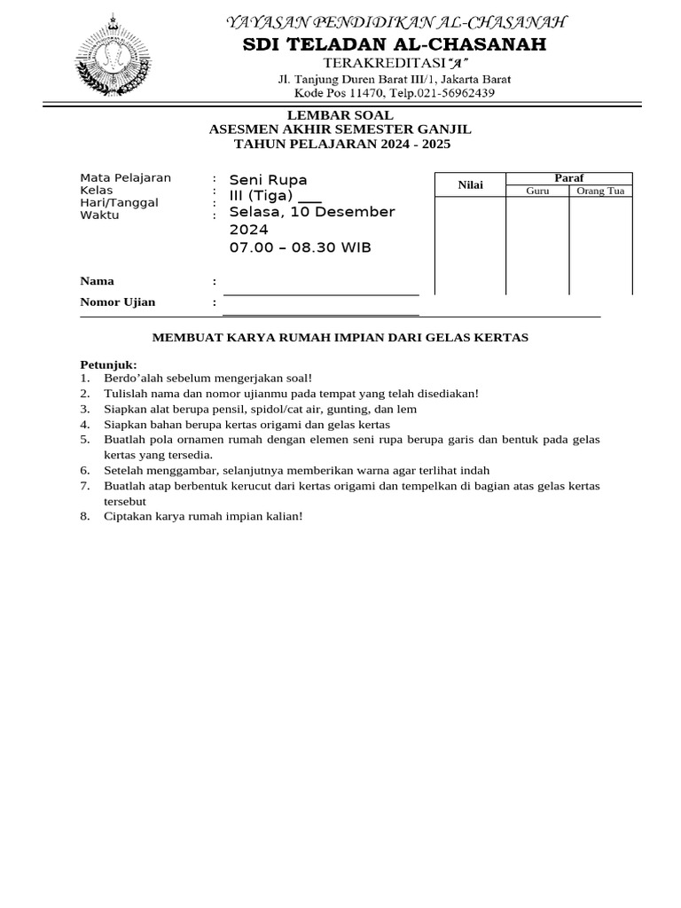 Soal Kelas 3 Aas Seni Rupa 2024-2025 | PDF