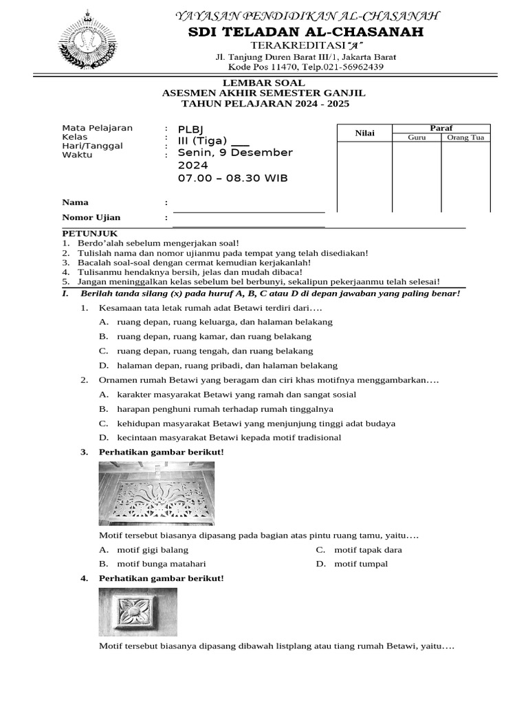 Soal Kelas 3 Aas PLBJ 2024-2025 | PDF