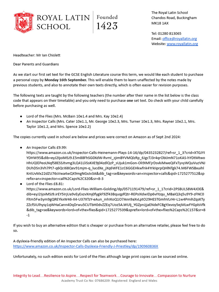 GCSE Set Text Term 1 Letterheaded | PDF