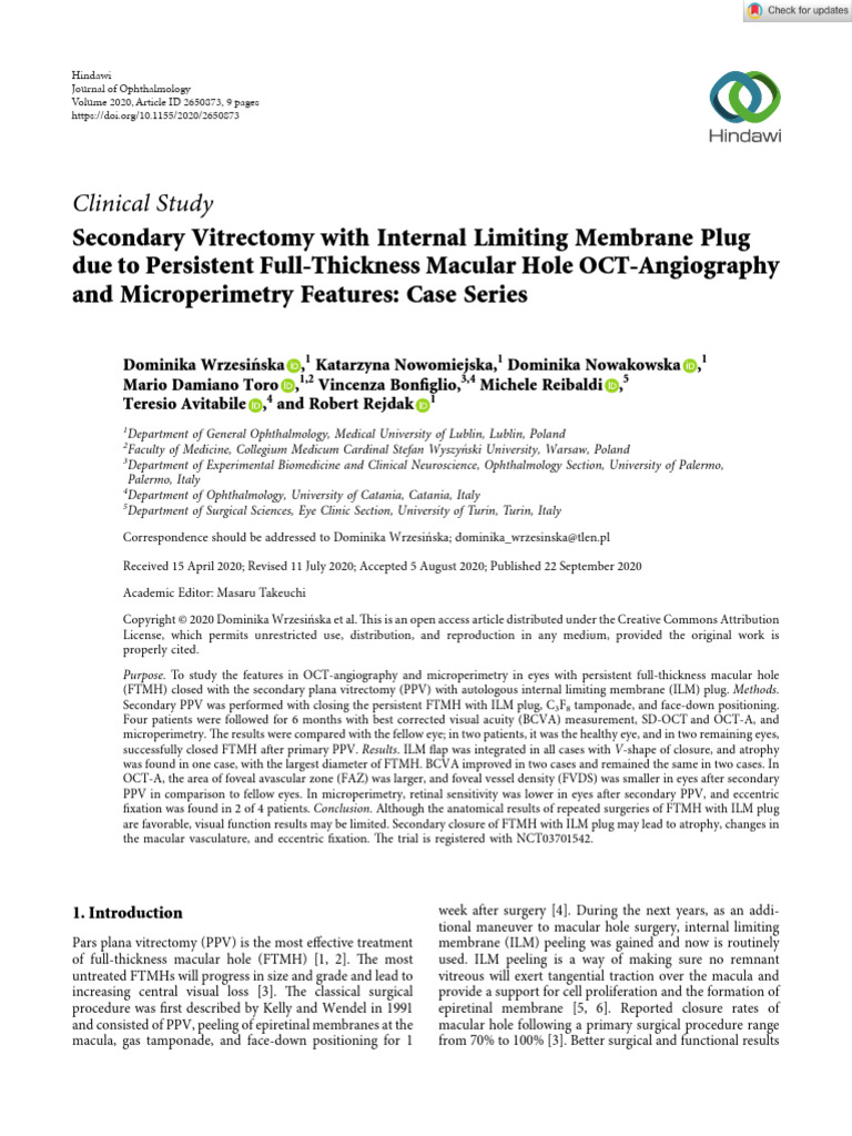 Journal of Ophthalmology - 2020 - Wrzesińska - Secondary Vitrectomy With Internal Limiting ...