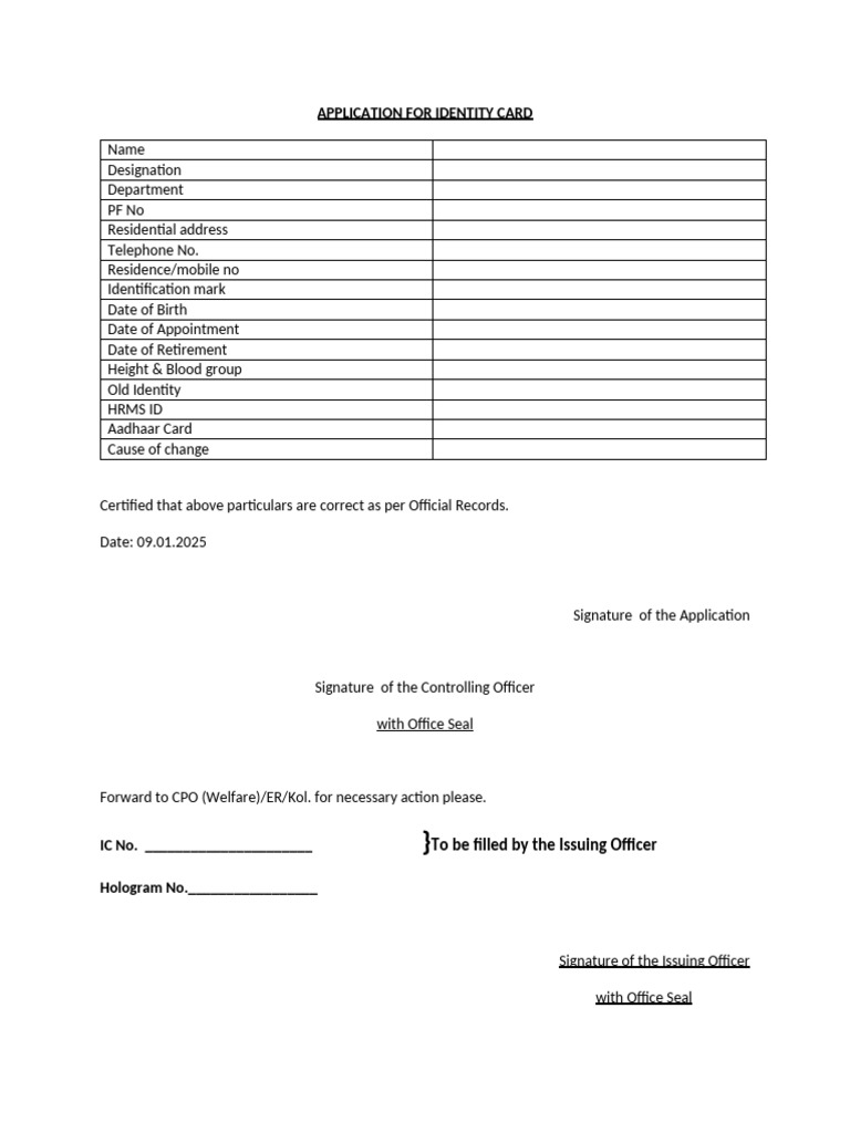 Identity Card Application Form | PDF