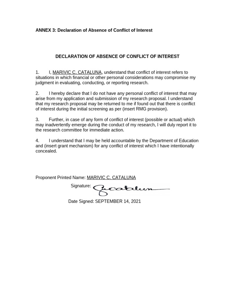 Declaration of Absence of Conlfict of Interest Form | PDF