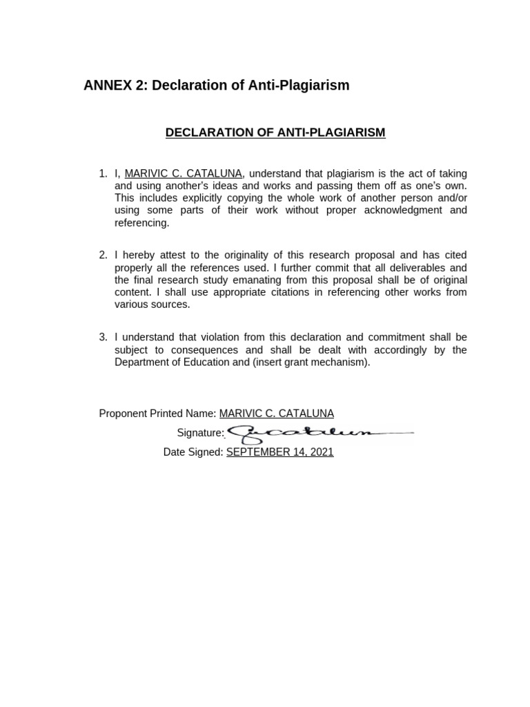 Declaration of Anti-Plagiarism Form | PDF
