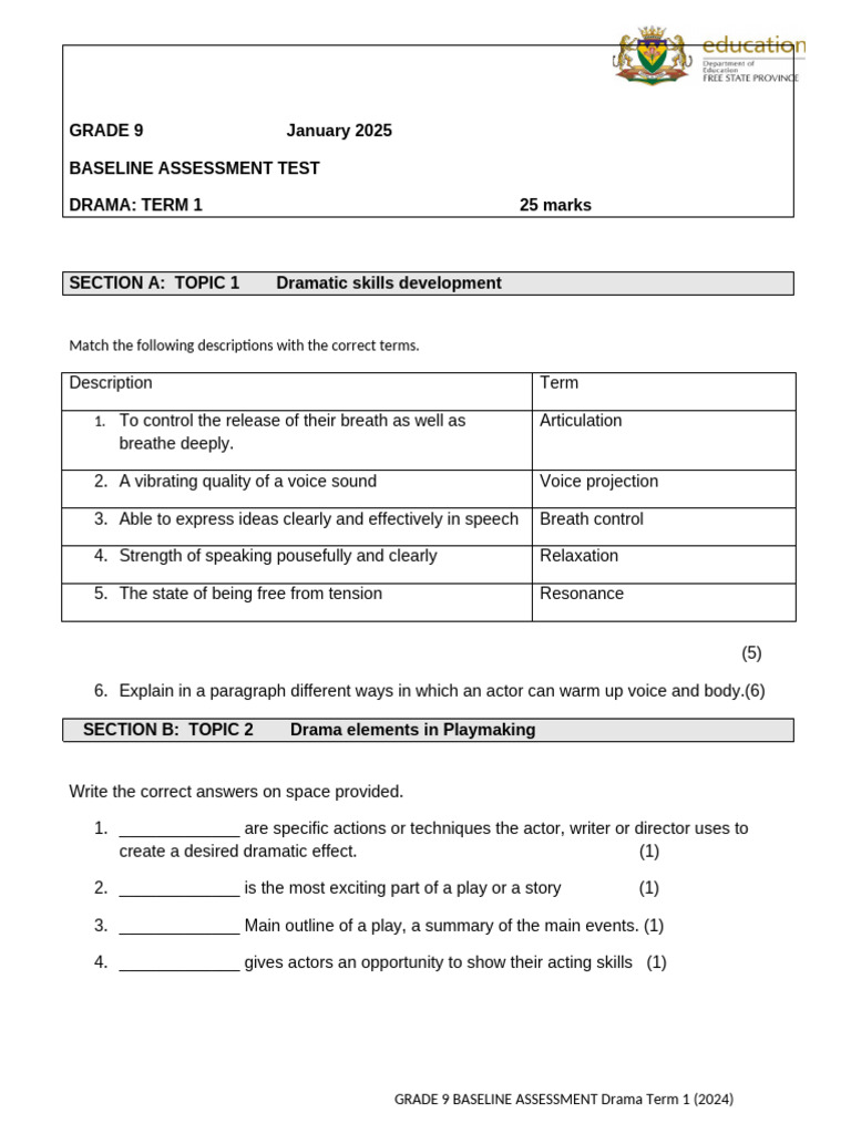 BASELINE Drama GR 9 Term 1 2024 | PDF