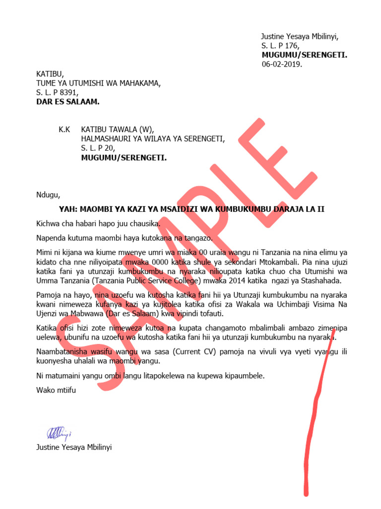 Barua Ya Maombi Sample Si-Waajiriwa | PDF