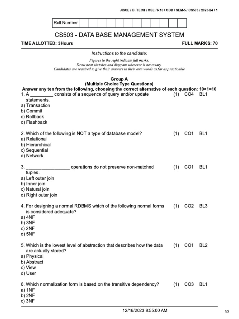 Cse 5 Cs503 Data Base Management System r18 | PDF