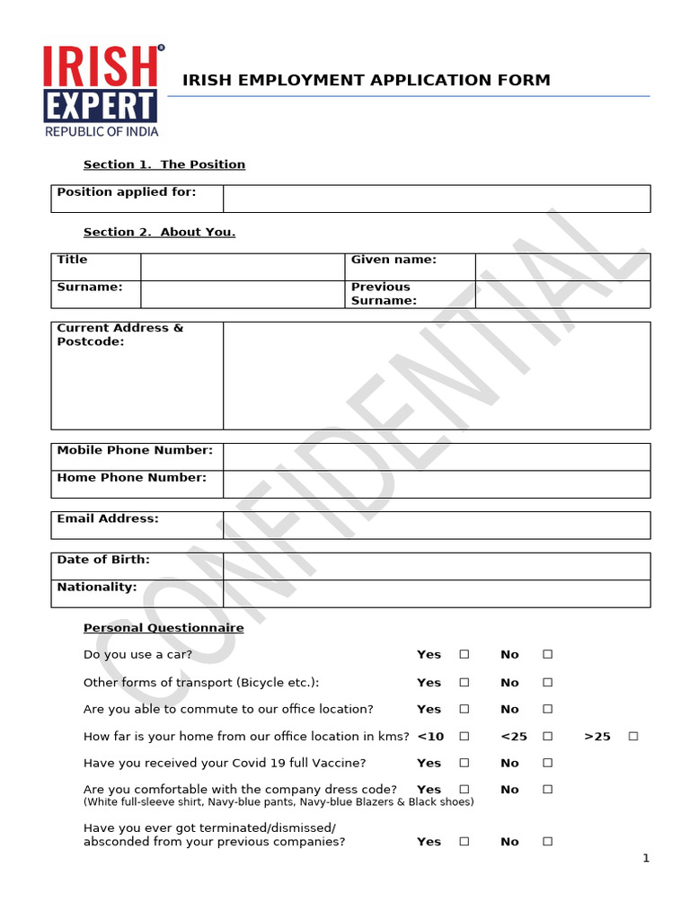 Irish Job Application Form | PDF