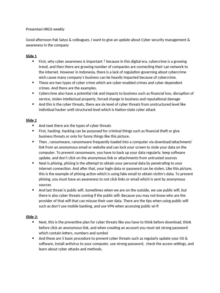 Teks Presentasi HRGS Weekly | PDF | Cybercrime | Phishing