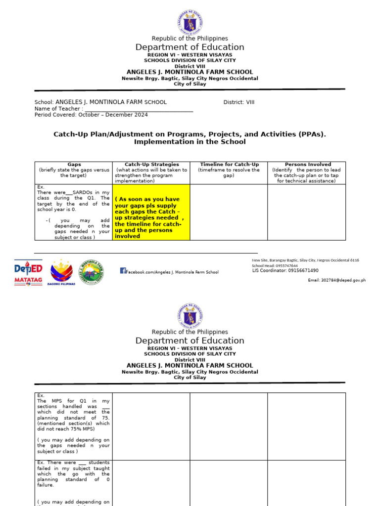 Individual Teachers Catch Up Plan For Q2 | PDF