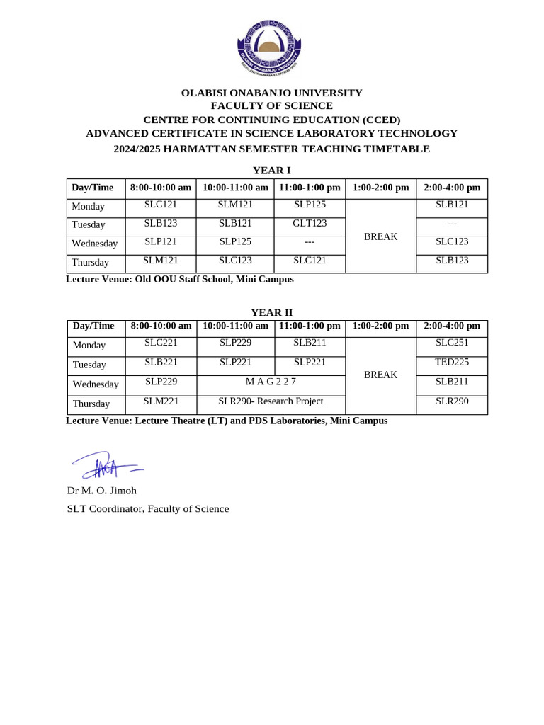 SLT Time Table - 2024-2025 Harmattan | PDF