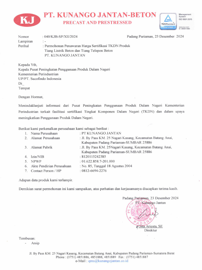 Surat Permohonan TKDN To Sucofindo Pusat New | PDF