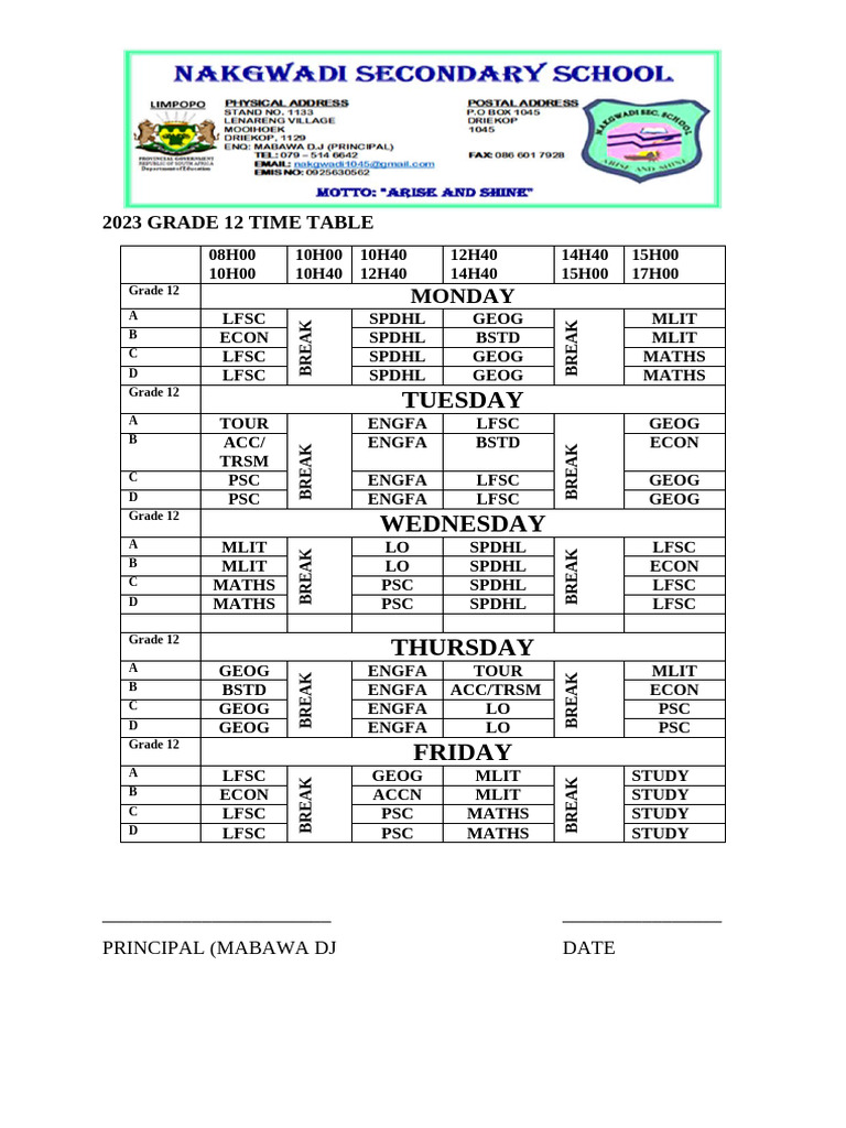 2023 Grade 12 Time Table | PDF