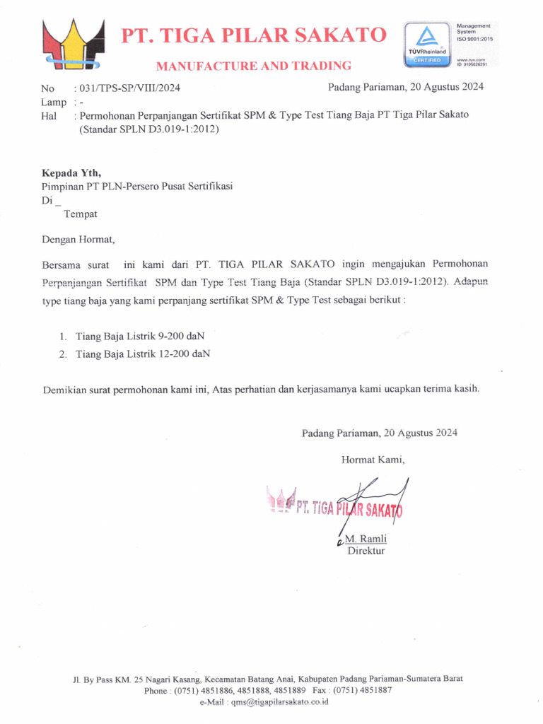 Surat To PT PLN Pusertif | PDF