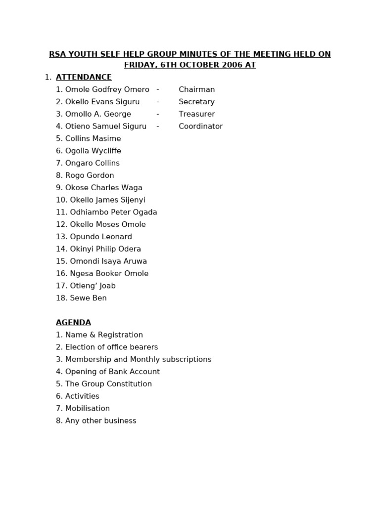 RSA Youth Self Help Group Meeting Minutes | PDF