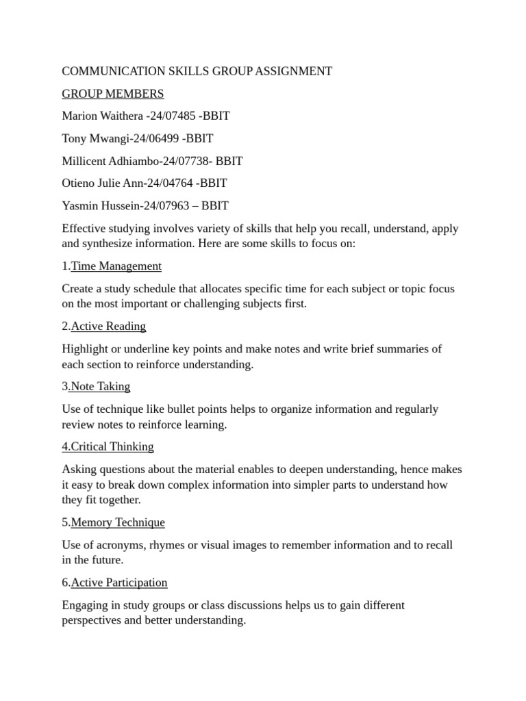 Communication Skills Group Assignment | PDF | Reading Comprehension | Cognition