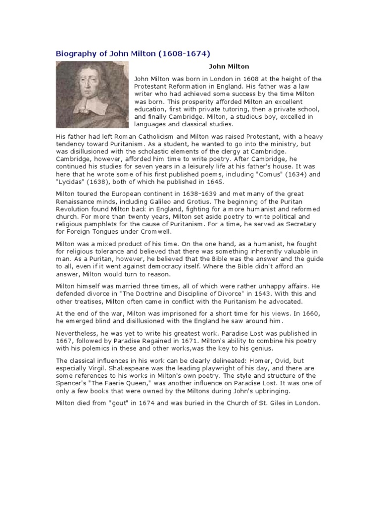 Biography of John Milton | PDF | John Milton | Puritans