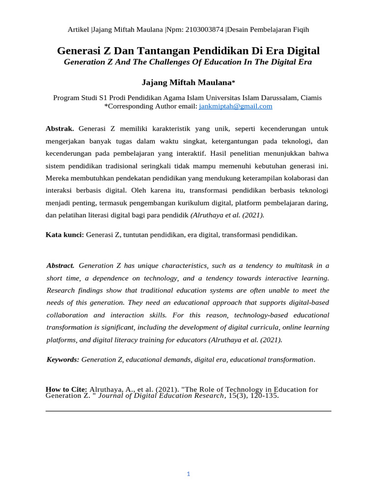Artikel Generasi Z Dan Tantangan Pendidikan Di Era Digital Oleh Jajang Miftah | PDF