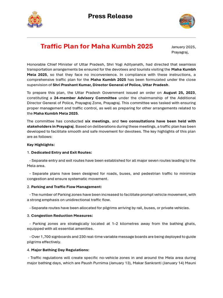 Traffic Plan for Maha Kumbh 2025 | PDF | Traffic | Public Transport