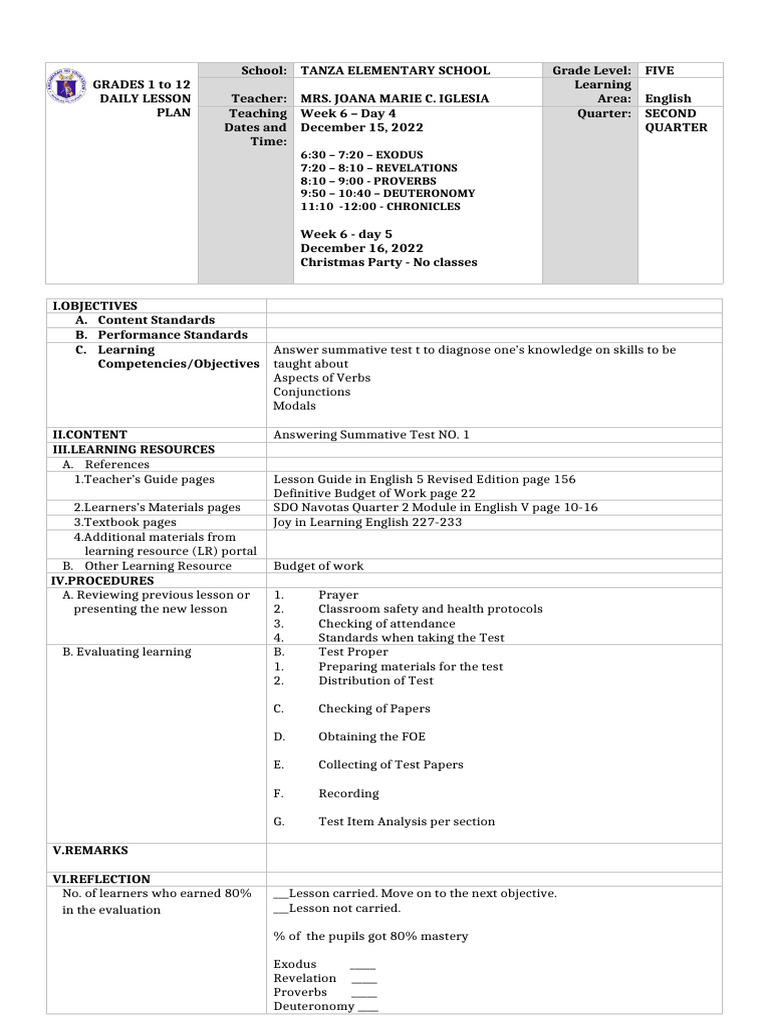 DLP Q2 WEEK6 DAY4 Summative Test 1 | PDF | Teachers | Learning