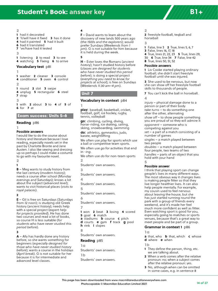 Student's - Book - Answer - Key U7 | PDF | Subject (Grammar) | Verb