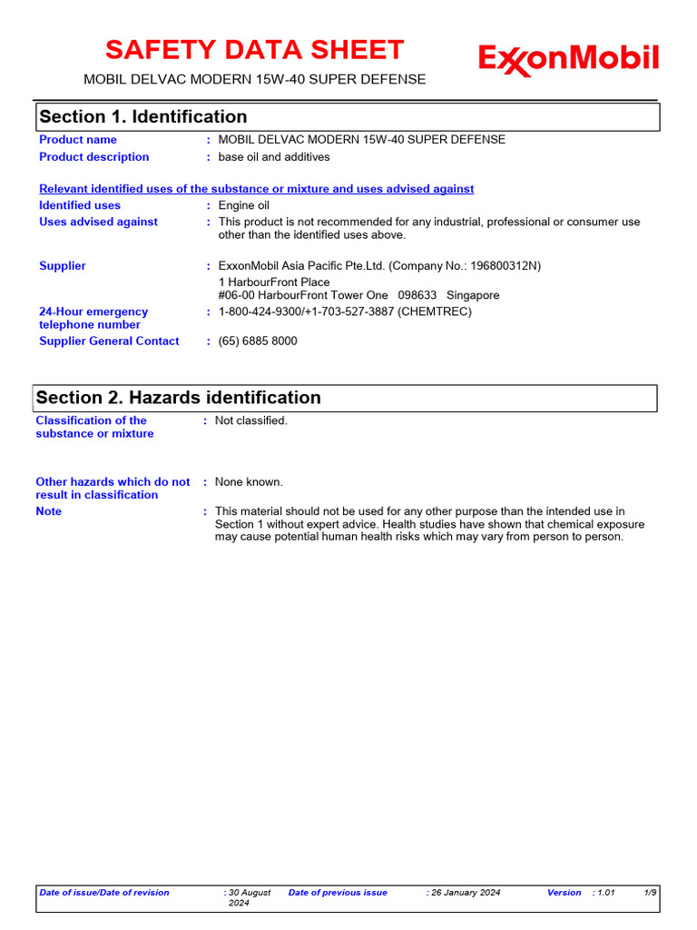 Mobil Delvac 15W-40 Safety Data Sheet | PDF | Viscosity | Chemistry
