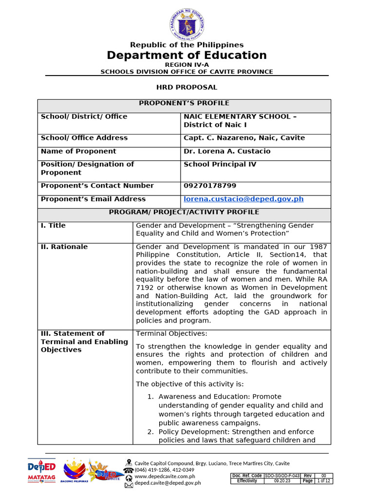 Coded Sdo Sgod F 043 HRD Proposal Gad Proposal | PDF | Teachers