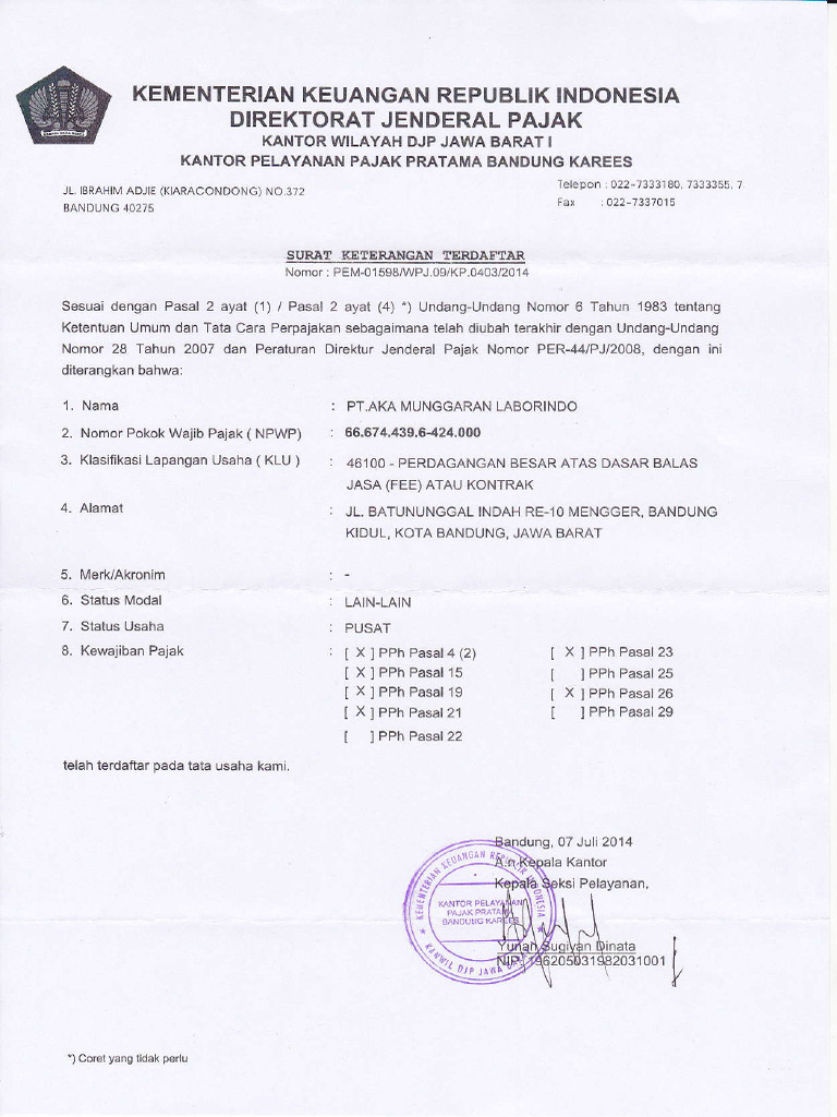 Sertifikat Pajak PT. Aka Munggaran 2014 | PDF