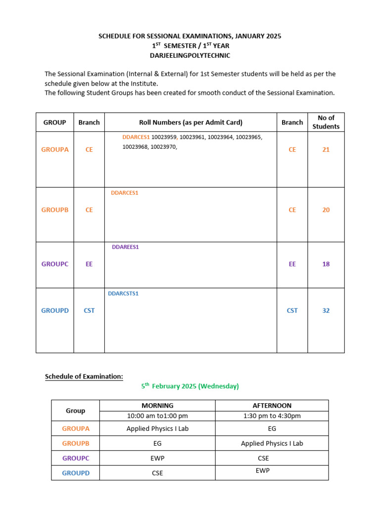 SCHEDULE FOR SESSIONAL EXAMINATONS JANUARY 2025_ 1st SEM | PDF | Physical Sciences | Natural ...