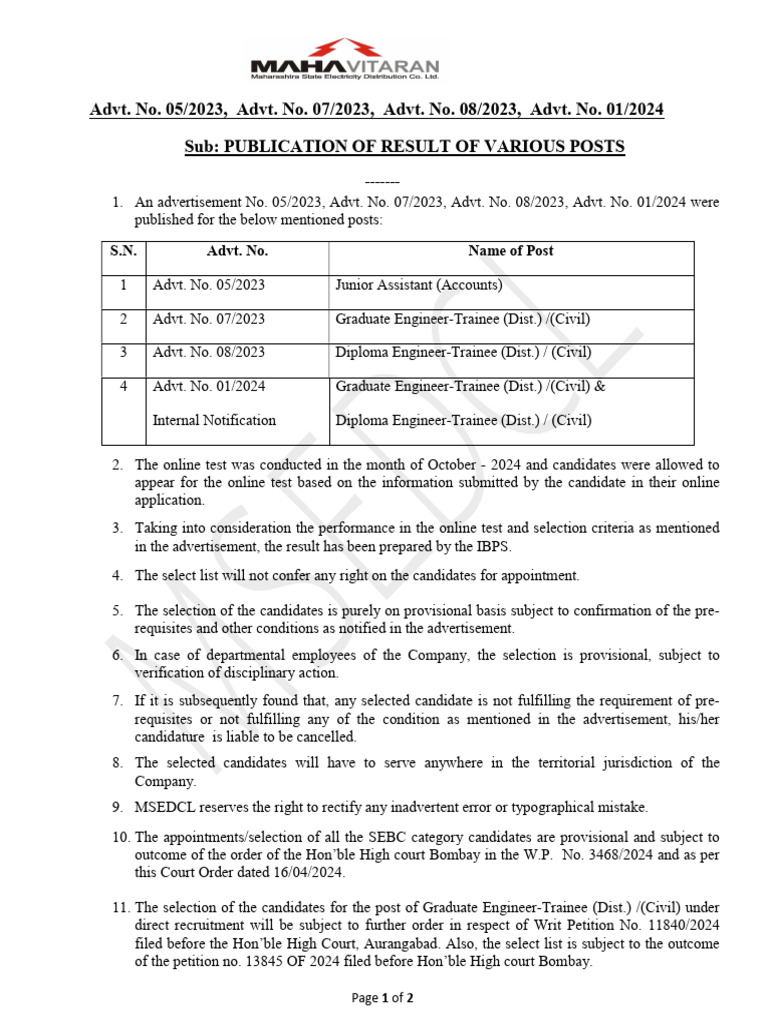 MSEDCL 2025 Result Announcement | PDF | Judiciaries | Justice