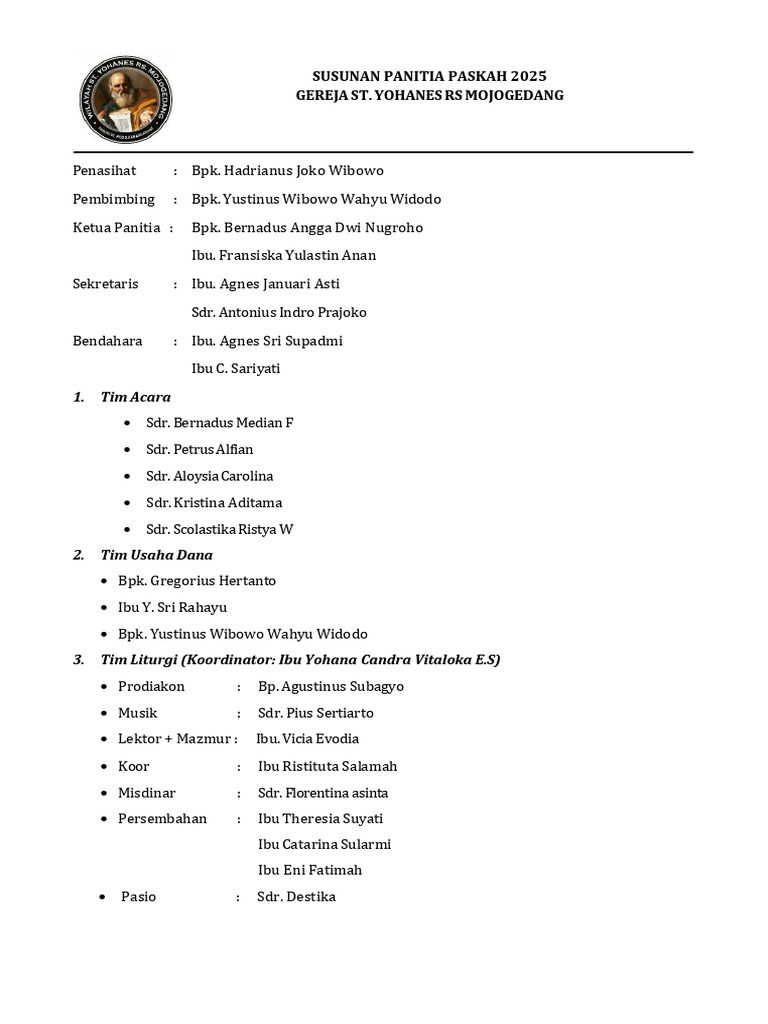 Susunan Panitia Paskah 2025 | PDF