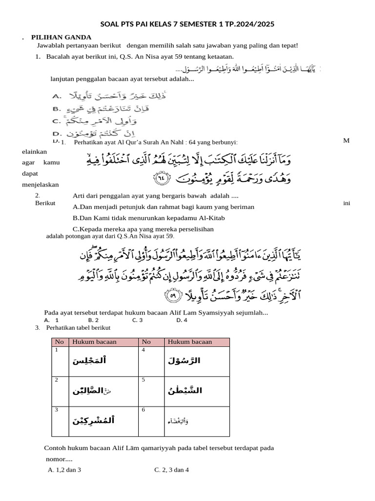 Soal PAI Kelas 7 Semester 1 | PDF