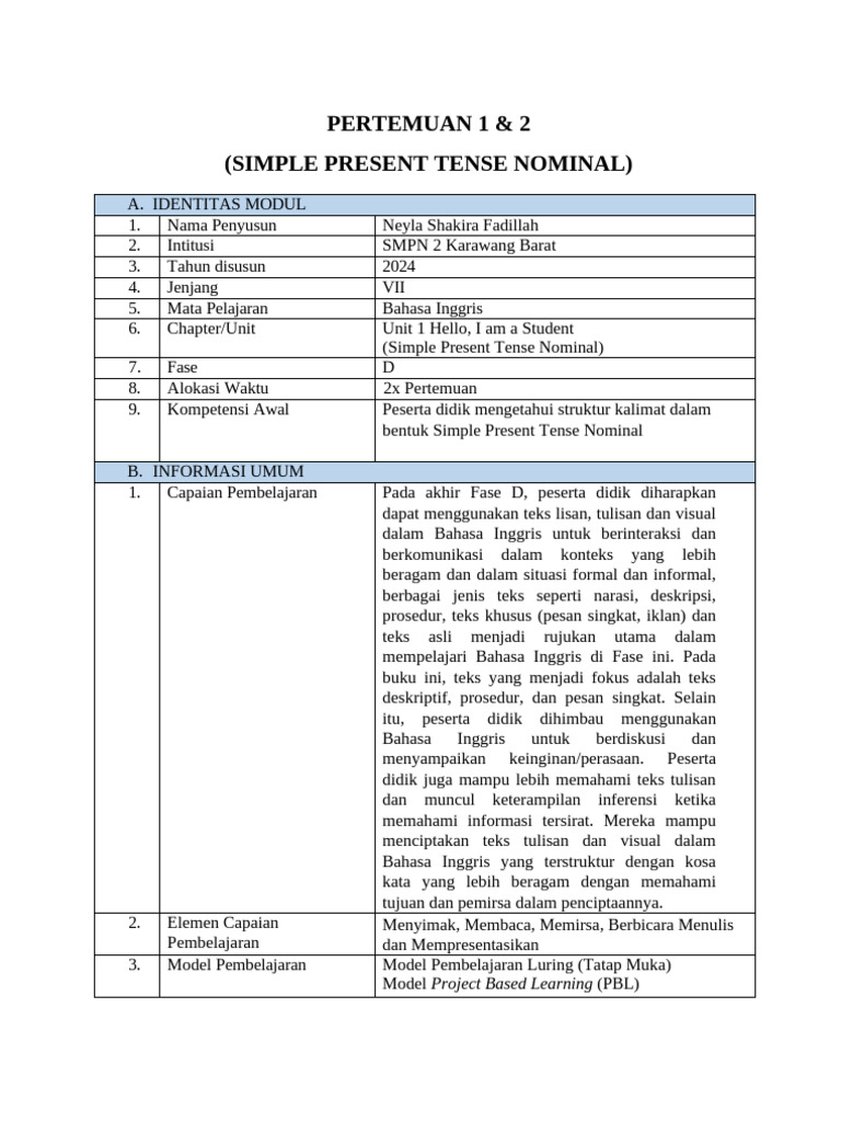 Pertemuan Ke - 1 & 2 (Simple Present Tense Nominal) | PDF