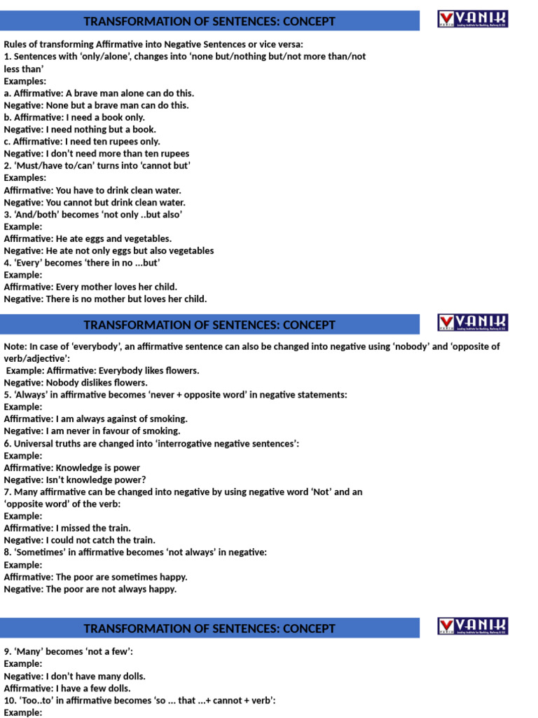 Sentence Transformation Rules | PDF | Subject (Grammar) | Clause