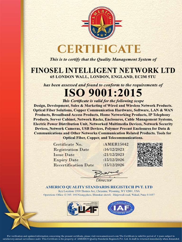 UAF Americo-ISO 9001-FINOSEL INTELLIGENT NETWORK LTD | PDF