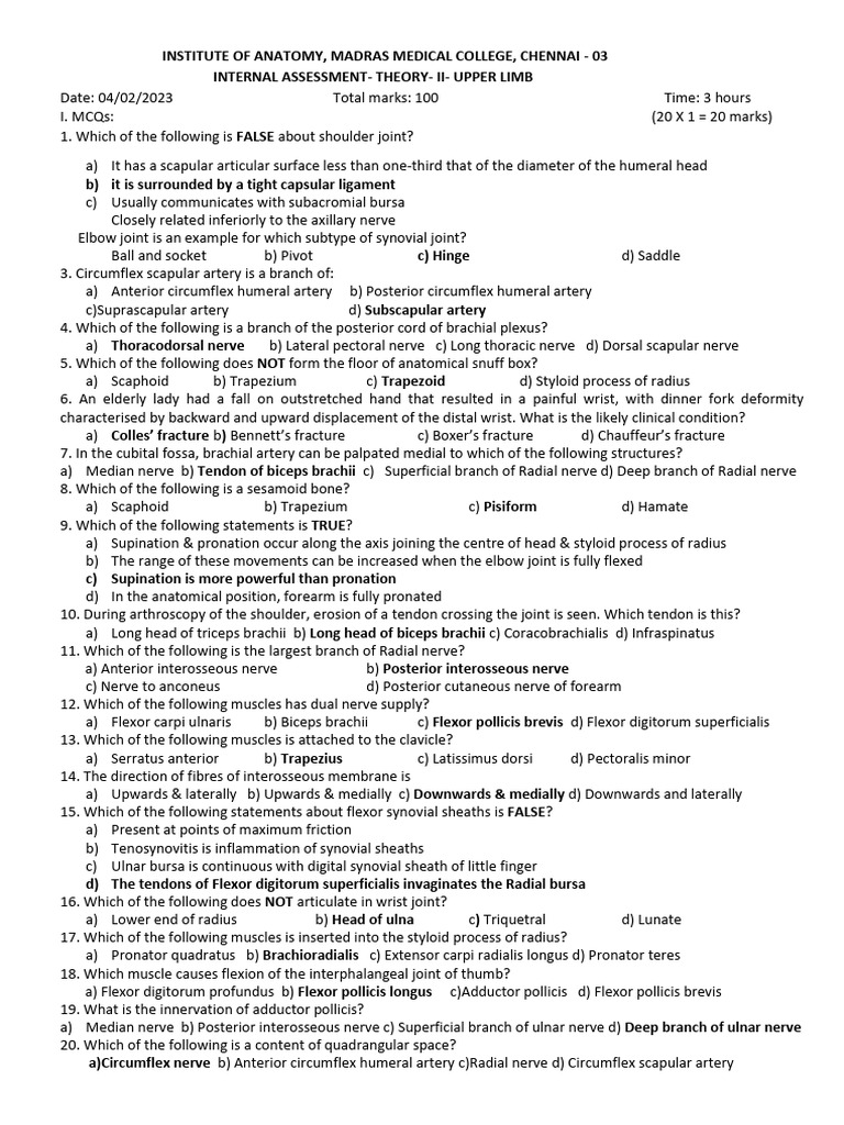 Upper Limb Anatomy Exam | PDF | Thumb | Anatomical Terms Of Motion