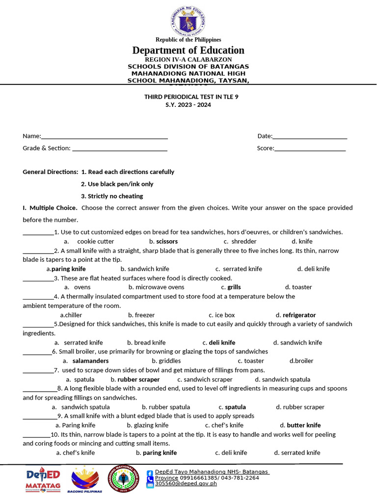 TLE 9 Third Periodical Test Guide | PDF | Sandwich | Breads