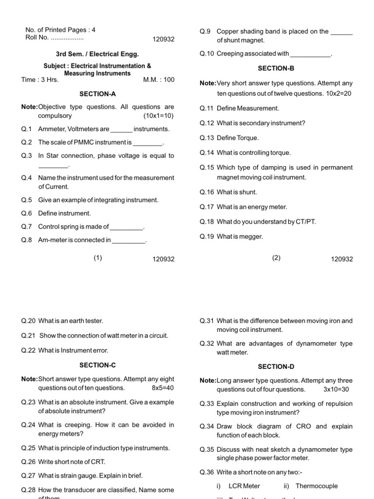 Ee 3 Sem Electrical Instrumentation and Measuring Instruments 120932 ...