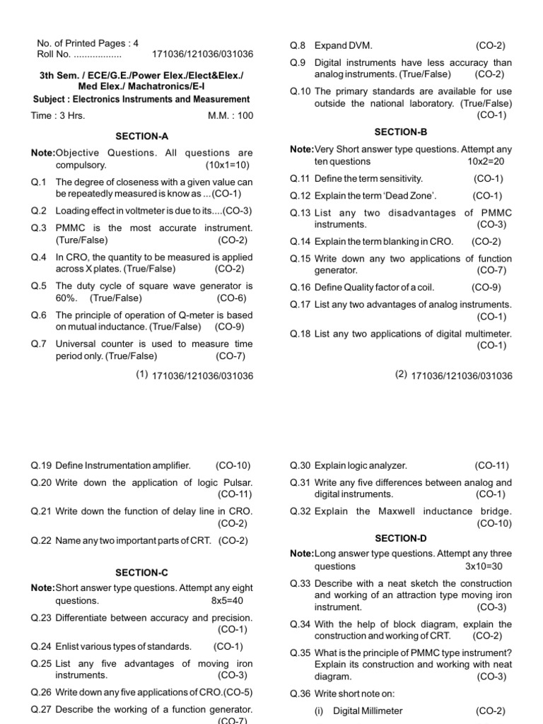 Common Ece Ge 3 Sem Electronics Instruments and Measurement 171036 May ...