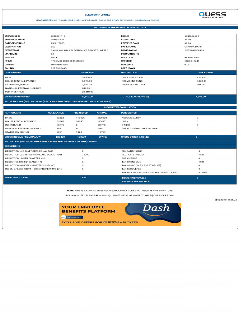 Harsha_M_August 2024_Salary Slip - August-2024 (1) | PDF