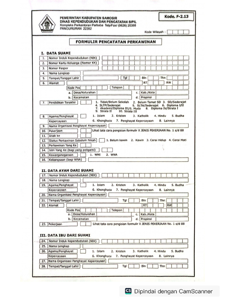 Formulir Pencatatan Perkawinan | PDF