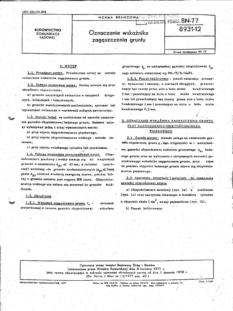 BN_8931_12_1977.Drogi%20samochodowe.Oznaczanie%20wska%9fnika%20zageszczenia%20gruntu | PDF