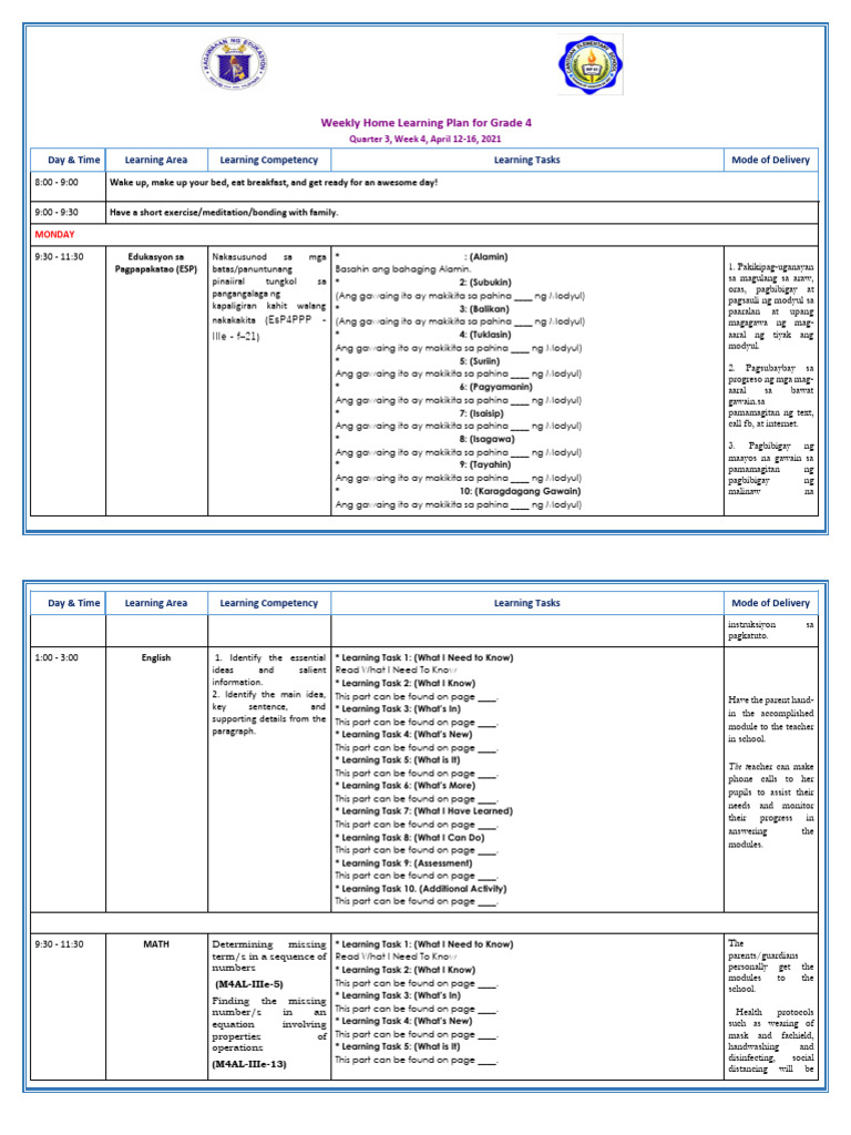 Sample Weekly Home Learning Plan-3rdq-Estrada | PDF