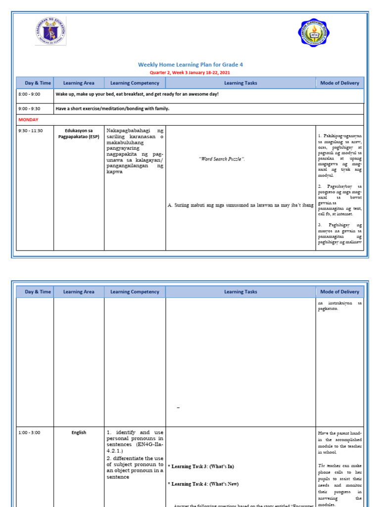 Sample Weekly Home Learning Plan-2dq-Estrada | PDF | Syntax | Semantic ...