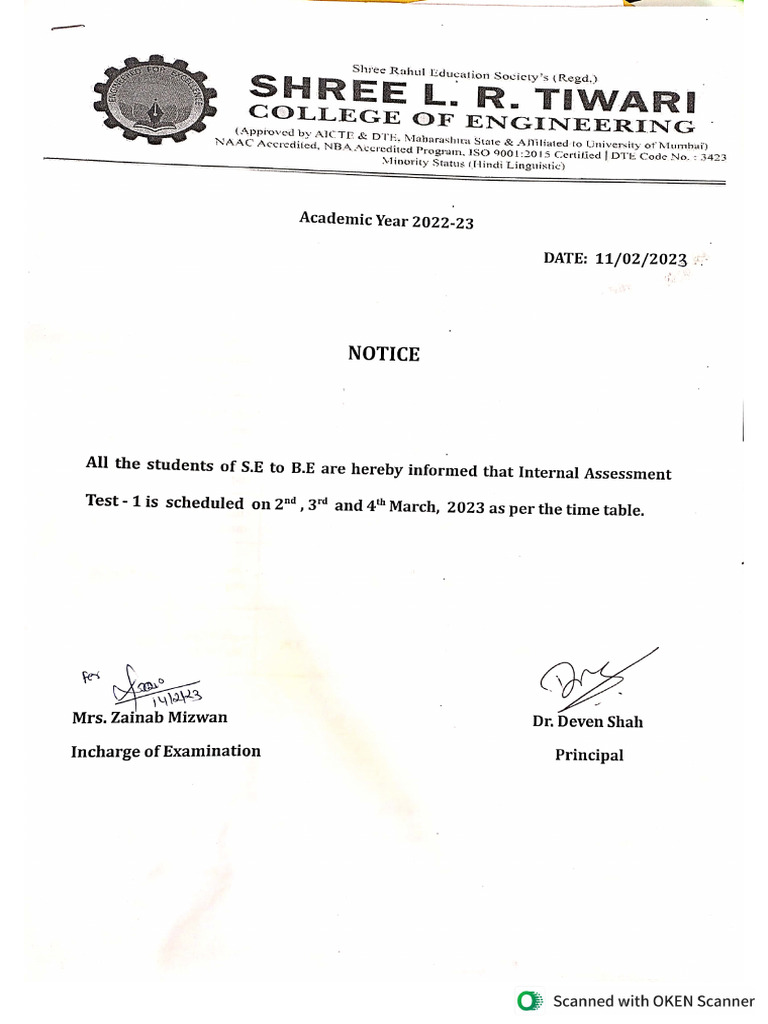 Internal Assessment Test 1 Time Table | PDF