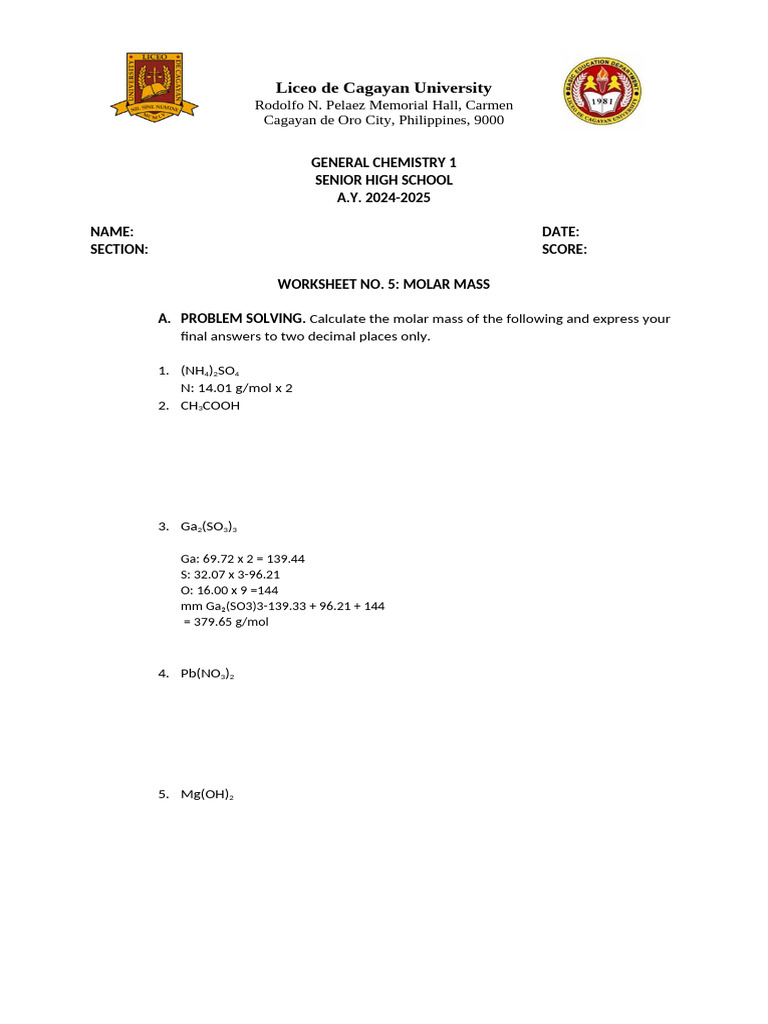 Worksheet #5 Molar Mass | PDF