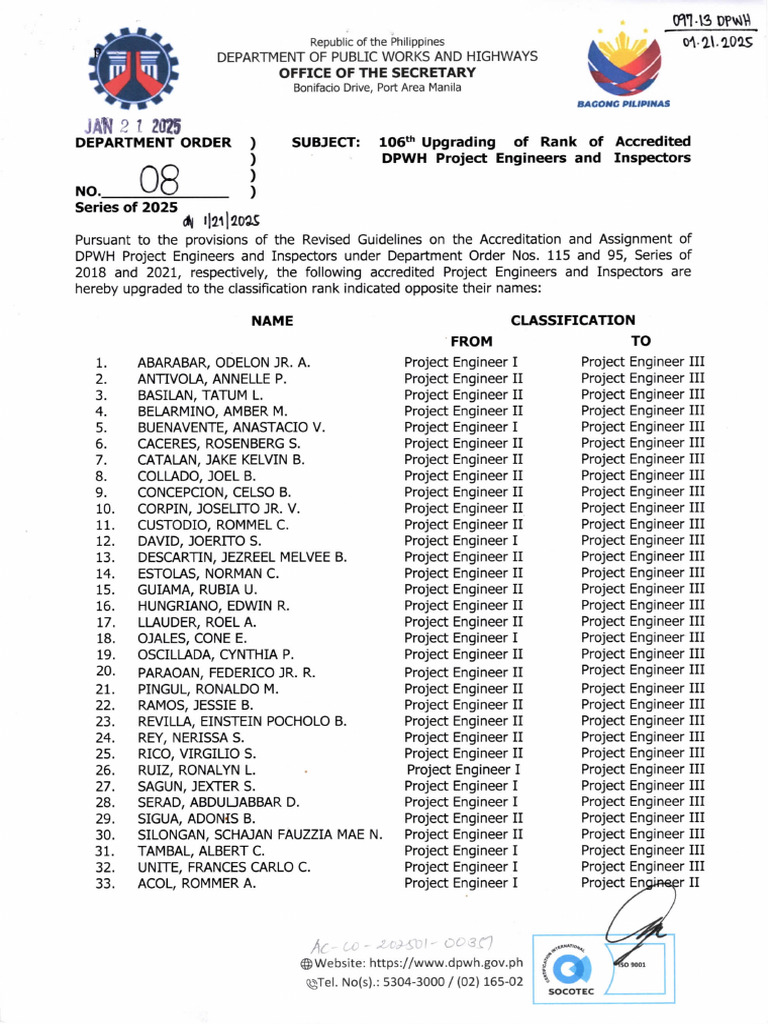 DPWH Project Engineers Accreditation 2025 | PDF | Ranks | Legal Action
