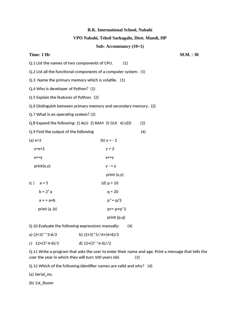 Class 11 Accountancy Exam Paper | PDF