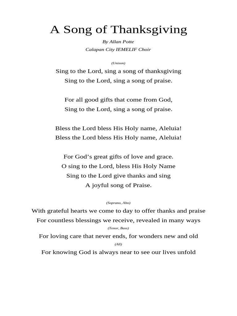 LYRICS A Song of Thanksgiving | PDF
