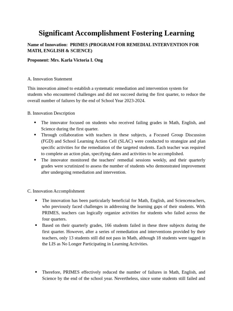 Significant Accomplishment Fostering Learning | PDF | Educational ...